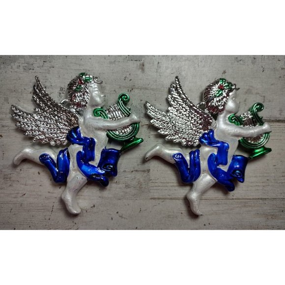 Holiday | 2 Vintage Handpainted Silvertone Plastic Angel W Harp ...